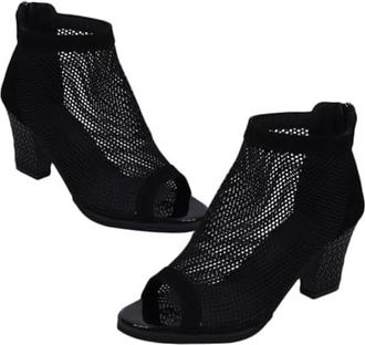 Valiclud Sandales à Talons Femme Noir Chaussures à Talon Épais Confortables Design Ajouré Maille Faciles à Enfiler Élégantes pour Sorties et Fêtes