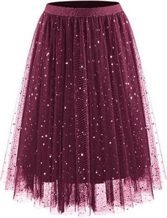 Generic Jupe en tulle pour femme - Jupe midi - Jupe trap&egrave;ze - Jupe en maille - Taille haute &eacute;lastique - Jupe dHalloween - T-shirt pour, Bordeaux, XL