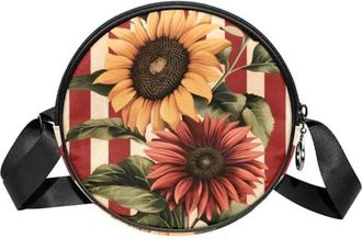 Generic Sac &agrave; bandouli&egrave;re rond pour femme, motif tournesols et rayures - Petit sac &agrave; bandouli&egrave;re avec fermeture &eacute;clair et bretelles r&eacute;glables - Style d&eacute;contra