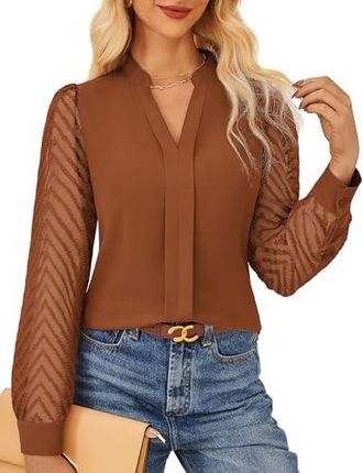 Grace Karin Chemisier &eacute;l&eacute;gant pour femmes &agrave; manches semi-transparentes textur&eacute;es, chemise de travail de bureau, haut classique Henry &agrave; col en V, Marron caramel., 