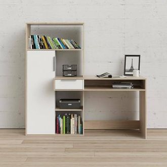 Dmora Multifunktionsschreibtisch mit B&uuml;cherregal, Schublade und T&uuml;r, Farbe Wei&szlig; und Eiche, 162 x 155 x 60 cm