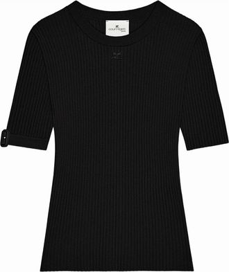 Courr&egrave;ges Femme, Tops, Noir, Taille: 38 FR Top Logo en maille c&ocirc;tel&eacute;e