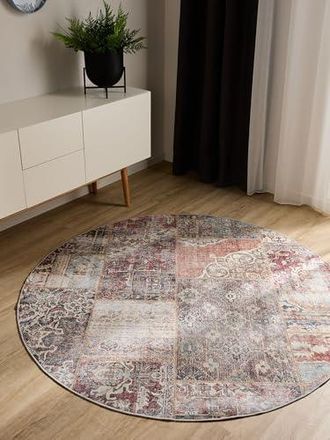 benuta Basic Tapis Salon George - Multicolore/Marron 160 cm Rond - Lavable - Vintage, Élégant, Rétro pour Chambre, Couloir, Salle à Manger