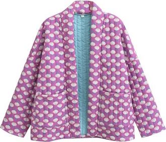 Generic 2026 Vestes courtes pour femmes, veste matelass&eacute;e &agrave; motif floral, cardigan imprim&eacute;, l&eacute;ger, ouvert sur le devant, manteau rembourr&eacute;, violet, L