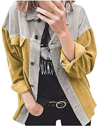 Generic 2026 Vestes pour femmes en velours c&ocirc;tel&eacute; veste dext&eacute;rieur boutonn&eacute;e cardigan baggy manches longues revers &eacute;pissure ample d&eacute;contract&eacute; chemisiers, gris