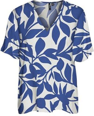 Vero Moda Vmeasy Joy SS V-Neck Top WVN GA Haut, Blanc Neige/AOP : Alisa Mazarine Blue, S Femmes