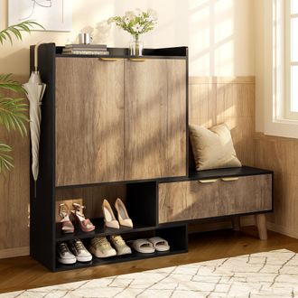 Generic Schuhschrank mit Sitzbank Ausziehbar Drehbar Garderobenset 2-teilig Flurkommode Modern Schuhkommode Gro&szlig; mit Massivholzbeinen & Offenem Fach Shoe Cabi