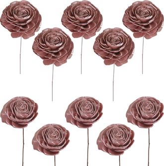 Matches 21 Trockenbl&uuml;ten Rosen 10er Set &Oslash; 6 & 12 cm Altrosa am Draht - Handgefertigte Holzblumen f&uuml;r Boho Deko