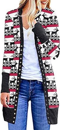 TOMWELL Femme Long Cardigan Imprim&eacute; No&euml;l avec Poches Veste Outwear Manches Longues Manteau Hiver Chaud Cardigan Tops B Blanc S