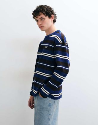 adidas Originals lang&auml;rmeliges gestreiftes Waffel-T-Shirt in Marineblau-Braun