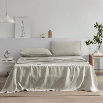 Everly Linen Sheet Set Queen Size, 100% French Stonewash Pure Linen Sheets Set, 4-teilig (1 Bettlaken, 1 Spannbetttuch, 2 Kissenbezug), geeignet f&uuml;r hei&szlig;e Sc