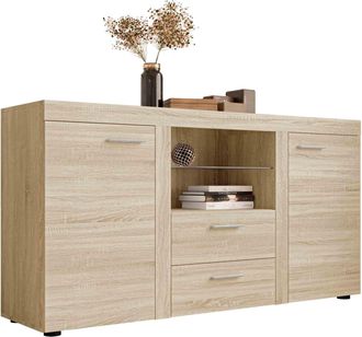 Mirjan24 Kommode Rango mit Glasboden, Highboard Sideboard, Anrichte, Naturtöne, Mehrzweckschrank, Wohnzimmerschrank, Anrichte, Schrank (ohne Beleuchtung, Sonom