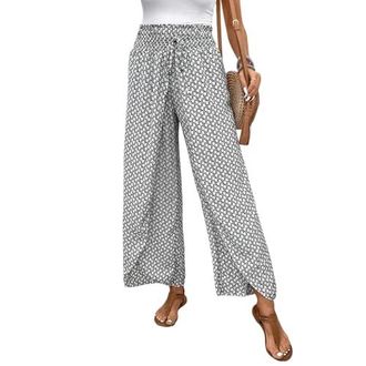 Generic Ditsy Pantalon large pour femme avec fente sur le devant, taille haute et cordon de serrage, style boh&egrave;me, fluide, &eacute;t&eacute;, plage, vacances, blanc, XL