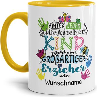 Tassendruck Personalisierbare Tasse für Erzieher - Hinter jedem Kind Steht - Abschiedsgeschenk Erzieher, Tasse mit Name Personalisieren | 300ml, Innen & Henkel Ge