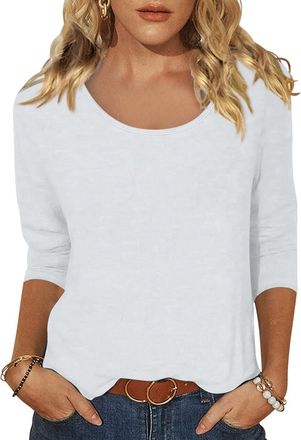 Minetom Damen T-Shirt 3/4 Arm Shirt mit Rundhalsausschnitt Tshirt Sommer Basic Pullover Oberteile Herbst A Wei&szlig; XL