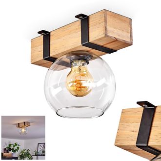 HOFSTEIN Deckenleuchte Montgomery, Deckenlampe aus Metall/Holz/Glas in Schwarz/Natur/Klar, skandinavischen Design mit Holzbalken und Schirm aus Glas (Ø 15 cm),