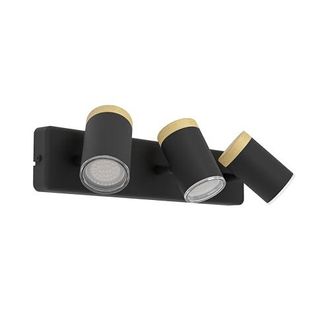 Eglo Plafonnier Consuma, 3 spots orientables, lampe de plafond pour salle de bains, luminaire en bois et acier noir, douille GU10, IP44