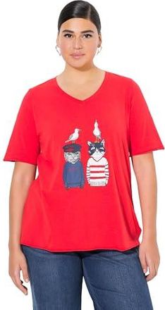 Ulla Popken Femme Grandes Tailles T-Shirt Motif Chats, col en V et Manches Courtes, Coupe évasée Rouge Fluo 54+ 836020520-54+