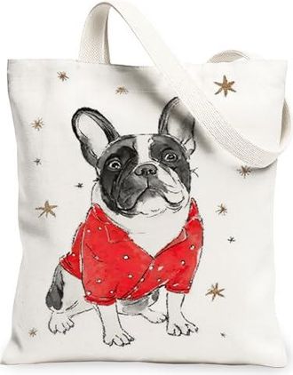 Generic Sacs fourre-tout en toile pour chien de vacances, motif chiens fran&ccedil;ais, sacs de courses r&eacute;utilisables, festifs l&eacute;gers et lavables avec bandouli&egrave;re C,