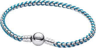 Pandora Blaue Kordel Schlangen-Gliederarmband aus Sterling-Silber, Kombination aus Stoff und Metall, Moments Kollektion, Länge: 16 cm, 593816C01-16