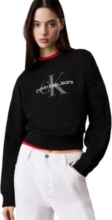 Calvin Klein Damen Sweatshirt Monologo French Terry mit Rundhalsausschnitt, Schwarz (Black), XS