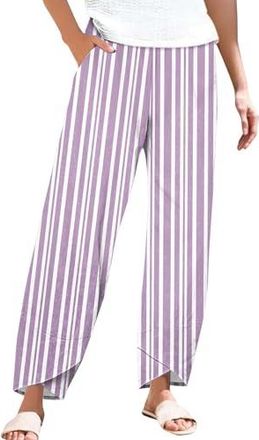 Generic Pantalon L&eacute;ger Femme Fluide Blanc en Lin &Eacute;t&eacute; Pantalon en Lin Ray&eacute; pour Femme D&Eacute;t&eacute; D&eacute;contract&eacute; &Agrave; Jambes Larges avec Poches Court et V&ecirc;tements Ample Lin