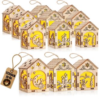 Com-Four 12x LED-Dekoh&auml;nger Holzhaus - dekorative Holzh&auml;uschen zum Aufh&auml;ngen f&uuml;r die Winterzeit - warmwei&szlig;e LED-Lampen - dekorative LED-Christbaumanh&auml;nger - Ho