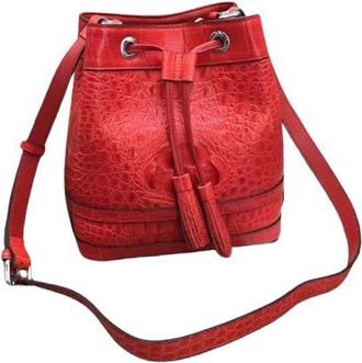 Generic Sac cabas pour femme en cuir de crocodile authentique, fermeture &agrave; cordon, sac seau blanc pour femme, sac bandouli&egrave;re &agrave; pompon en cuir dalligator exot