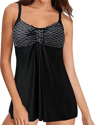 Generic Maillot de bain tankini 2 pi&egrave;ces pour femme - Taille haute - Imprim&eacute; - Rembourr&eacute; - Piscine - Plage, Noir, XXL