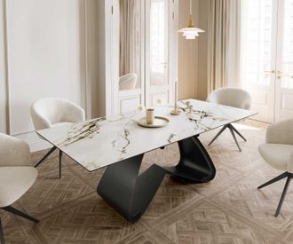 DELIFE Esstisch Edge 180-220x100 Keramik Calacatta Luxe Wei&szlig;-Gold-Grau W-Gestell Schwarz ausziehbar, Esstische