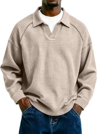 Generic Polo en tricot gaufr&eacute; pour homme &agrave; manches courtes - Texture d&eacute;contract&eacute;e - Polo de golf - Coupe ample - Anti-humidit&eacute; et protection UV - Tenue d&eacute;cont