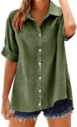 Generic Chemise en lin pour femme grande taille - Chemisiers &agrave; manches longues pour le travail en coton avec boutons &agrave; col popover, chemisier &agrave; &eacute;paules tomban