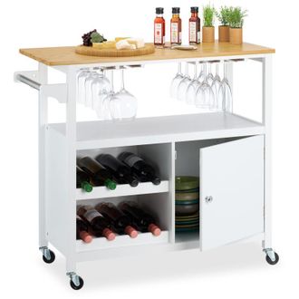 Relaxdays Desserte &agrave; roulettes, chariot cuisine, casier &agrave; vin, porte-verres, 83 x 92 x 40 cm, bambou, mdf, blanc/nature - Relaxdays