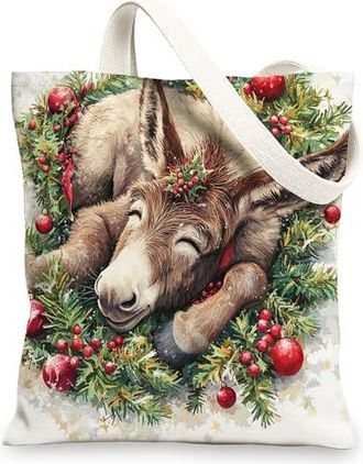 Generic Sac fourre-tout en toile motif &acirc;ne de No&euml;l pour le shopping, 33 x 38,1 cm, sac d&eacute;picerie r&eacute;utilisable pour femme, peinture danimaux, d&eacute;coration cadeau