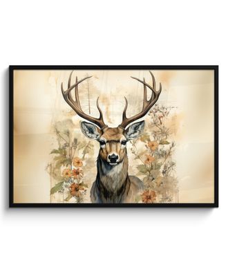 MuchoWow &copy; Wandbilder mit Rahmen 120x80 cm Wanddeko Bilder Wohnzimmer Moderne Zimmerdeko Geschenk Bilderrahmen Vintage - Hirsch - Rothirsch - Blumen - Beige - 