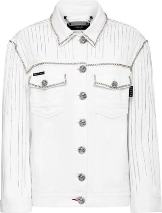 Philipp Plein Femme, Vestes, Blanc, Taille: 38 FR Veste en jean &agrave; franges de cristal