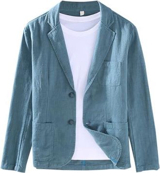 Generic Veste en lin pour homme - Bleu, XXL - Coupe ajustée - Style sportif et moderne - Pour homme, Mariage, Bleu uni, Manche longue, Col cranté, Bouton, Hom