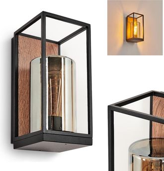 HOFSTEIN Außenwandleuchte Palanga, Außenleuchte aus Metall in Schwarz/Holzoptik/Braun u. 2 Gläsern (Rauchfarben/Klar), Wandlampe für Terrasse/Eingangsbereich, 