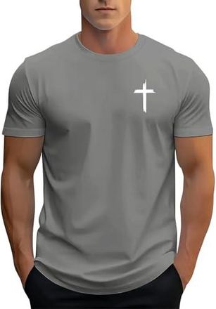 Generic T-shirt de sport pour homme Coupe ample Classique Col rond Croix chrétienne Manches courtes Respirant Sports Fitness Entraînement Gym Muscle Tees, gri