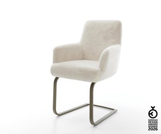 DELIFE Freischwinger Heira-Flex mit Armlehnen Pl&uuml;sch Creme-Wei&szlig; Freischwinger flach Effektfinish Titan Taschenfederkern, Esszimmerst&uuml;hle
