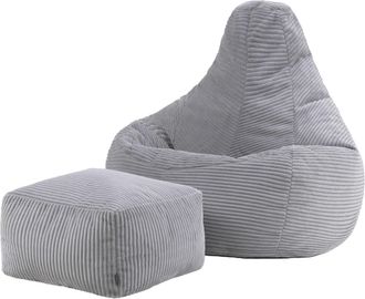 Icon Brand Dalton Sitzsack mit Hocker Cord, Grau, Gaming Sitzsack Erwachsene mit F&uuml;llung, Bean Bag, Cord Sessel, Lounge Sessel, Lounge Stuhl, Schlafzimmer, Wohnz