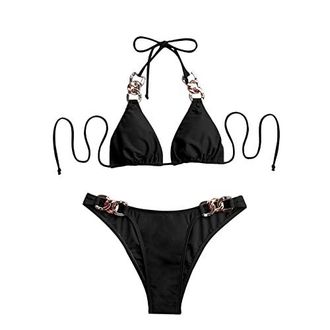 Generic Maillot de bain pour femme taille haute 2 pi&egrave;ces maillot de bain basique push up triangle plage maillot de bain femme dos nu piscine bikini bas, Noir,