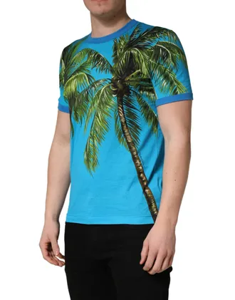 Dolce & Gabbana Palm Tree Print Cotton T-Shirt - Blue