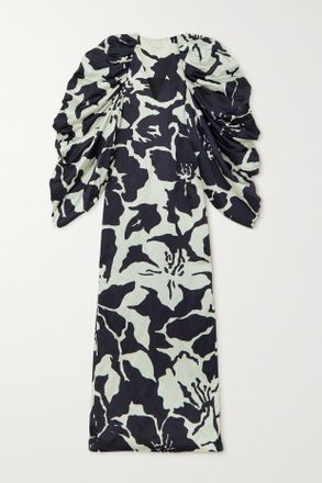 Dries Van Noten Robe Du Soir En Satin &Agrave; Imprim&eacute; Fleuri Et &Agrave; Fronces - Noir