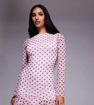 KAIIA Exklusiv - Anschmiegsames, lang&auml;rmliges Minikleid in Rosa mit schwarzen Polka Dots, R&uuml;schensaum und R&uuml;ckenausschnitt-Bunt