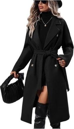 Generic Trench-Coat Long ceintur&eacute; for femmes, veste coupe-vent chaude avec poches avant, v&ecirc;tements dext&eacute;rieur classiques jusquaux genoux(Black,XXL)