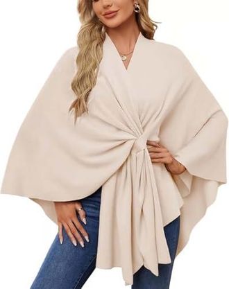 Generic Poncho élégant doux ouvert sur le devant, poncho chaud en tricot croisé sur le devant pour voyage et bureau, beige, taille unique