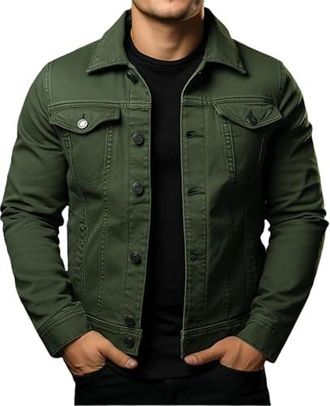 Generic Veste en jean pour homme, coupe ajustée, tendance, manteau en jean à revers avec poches boutonnées, vêtements dextérieur décontractés, coupe ajustée, 