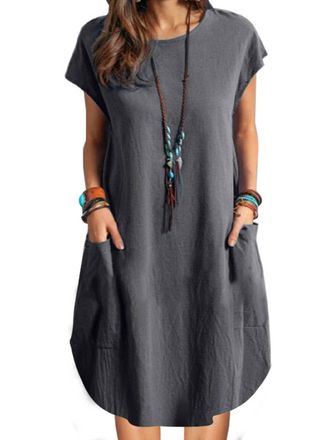 Zanzea Leinenkleid Damen Sommer Casual Rundhals Kurzarm Strandkleid Knielang Leicht Minikleid Grau 4XL