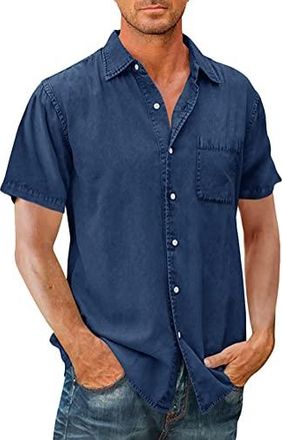 Onsoyours Chemise Jean Homme Manches Longues Chemise Décontractée Coton Chemises Hommes Couleur Unie Business Casual Bouton Shirts Regular Fit B Marine 3XL